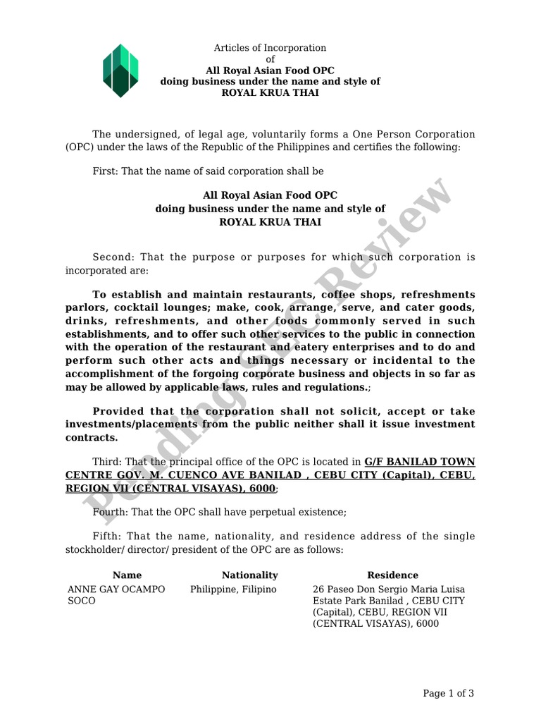 Articles of Incorporation-OPC | PDF | Economies | Justice