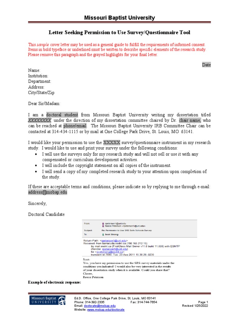 Letter Seeking Permission To Use Survey - Questionnaire Tool - Response ...