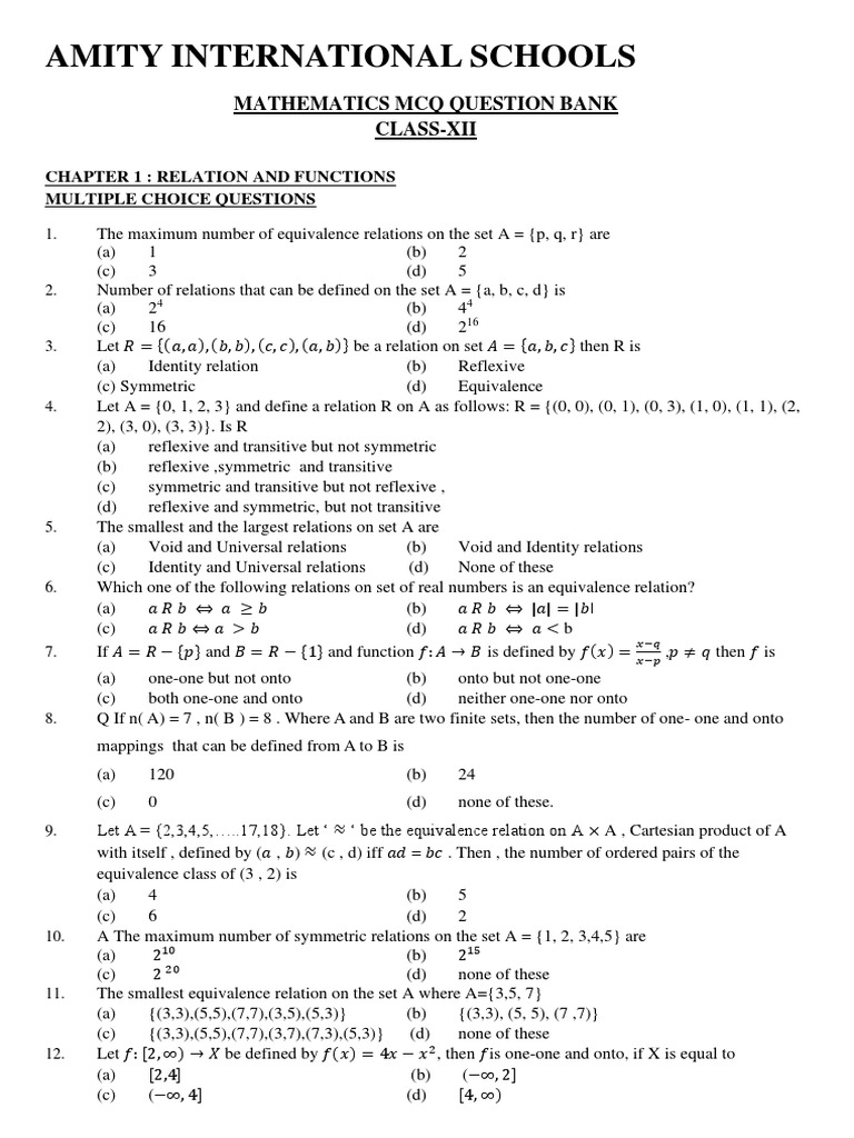 Mathematics MCQ Question Bank Class Xii - 2021 - 22 | PDF | Function ...