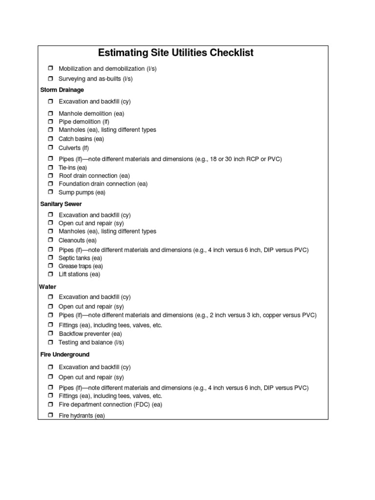 Estimating Site Utilities Checklist | PDF