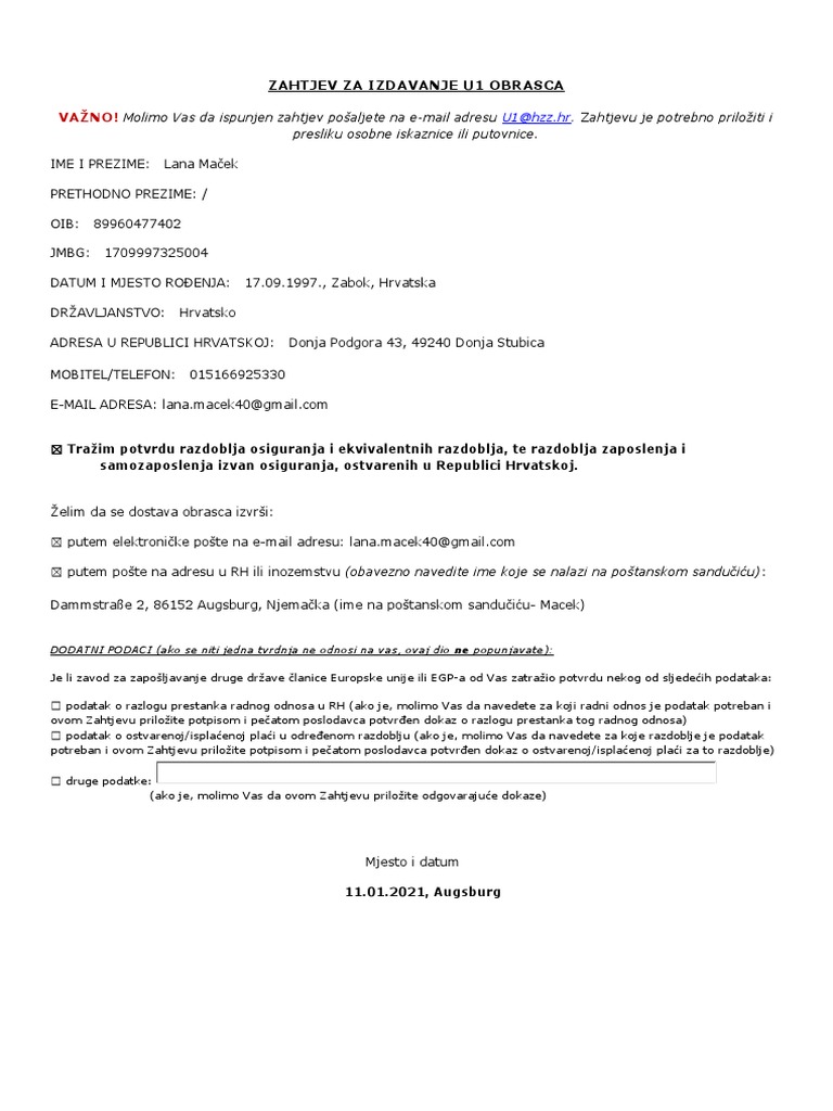 HZZ Zahtjev Za Izdavanje U1 Obrasca-2020-07 | PDF