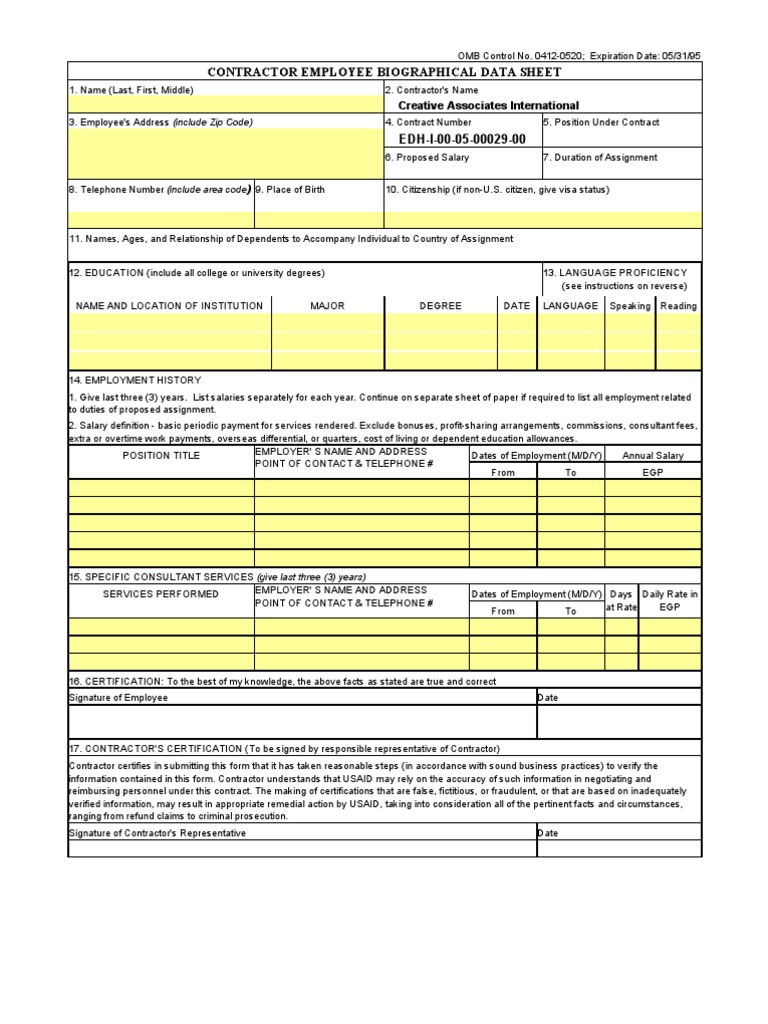 USAID Contractor Employee Biodata Form | PDF | United States Agency For ...