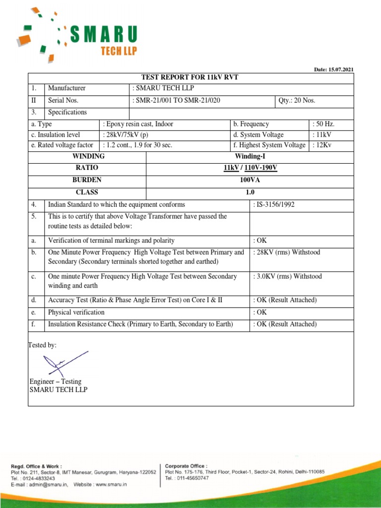 RVT Test Report | PDF | Mains Electricity | Transformer
