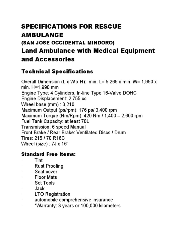 Specifications For Rescue Ambulane 2022 | PDF | Ambulance | Brake