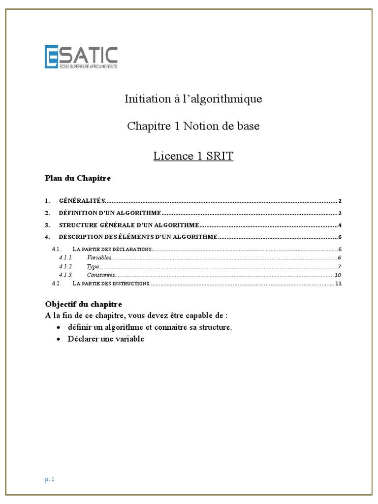 Srit1 Initiation A L'algorithmique 2016 Chapitre 1 Notion de Base ...