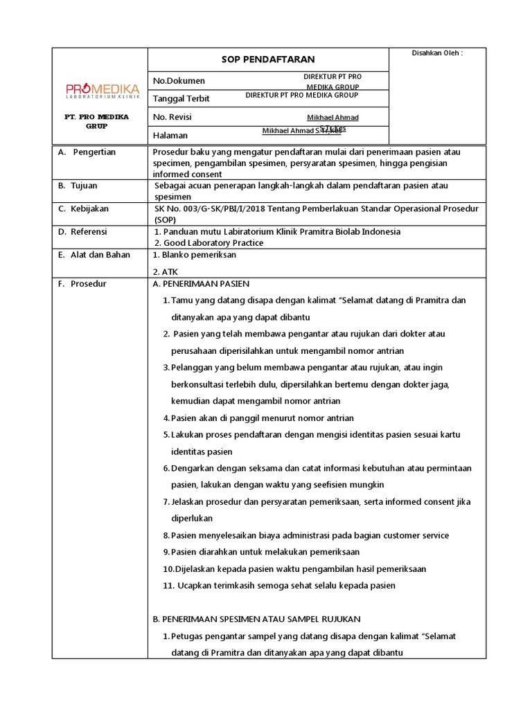 Sop Pendaftaran, Penerimaan Sampel | PDF