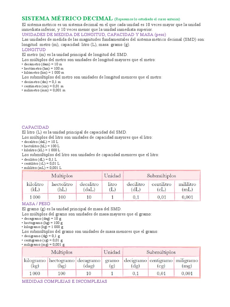 Sistema Métrico: Longitud, Capacidad y Masa | PDF | Litro | Volumen
