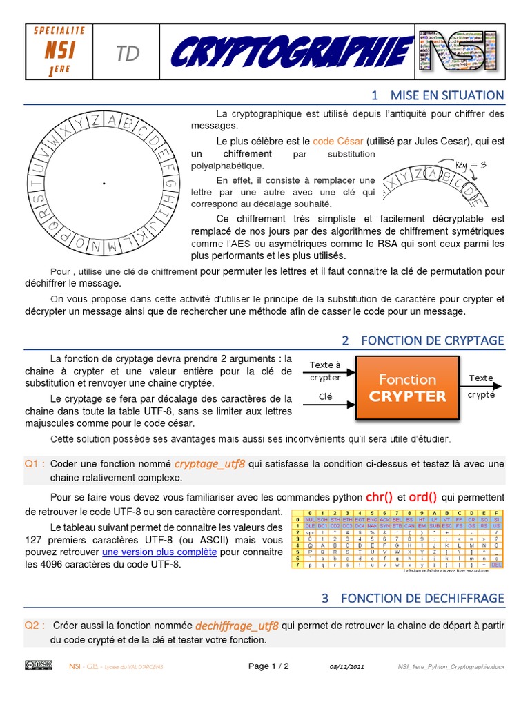 NSI 1ere Pyhton Cryptographie | Descargar gratis PDF | Cryptage | Cryptographie