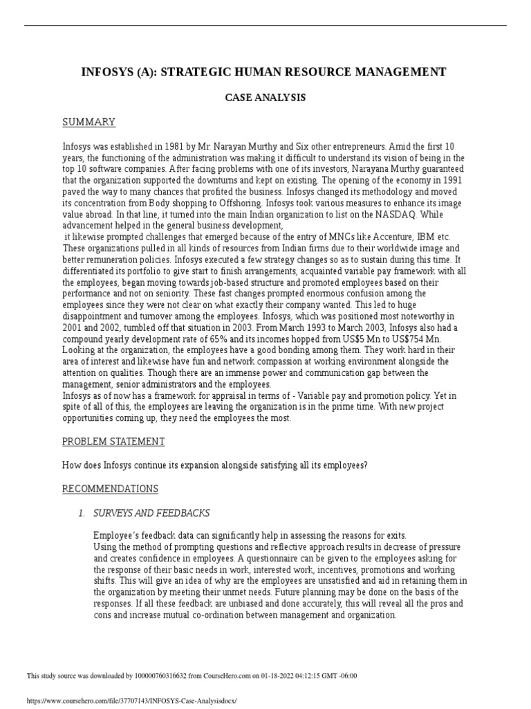 Infosys (A) : Strategic Human Resource Management: Case Analysis | PDF ...
