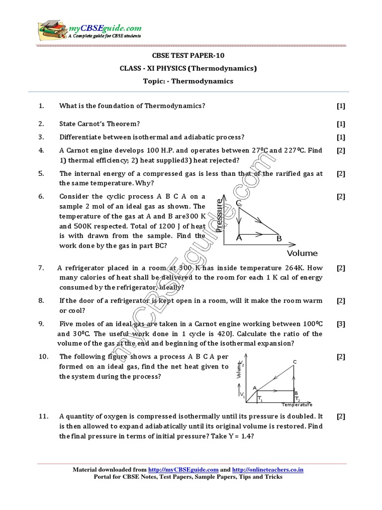 Class 11 - Physics - Thermodynamics - Tests | PDF | Heat | Gases