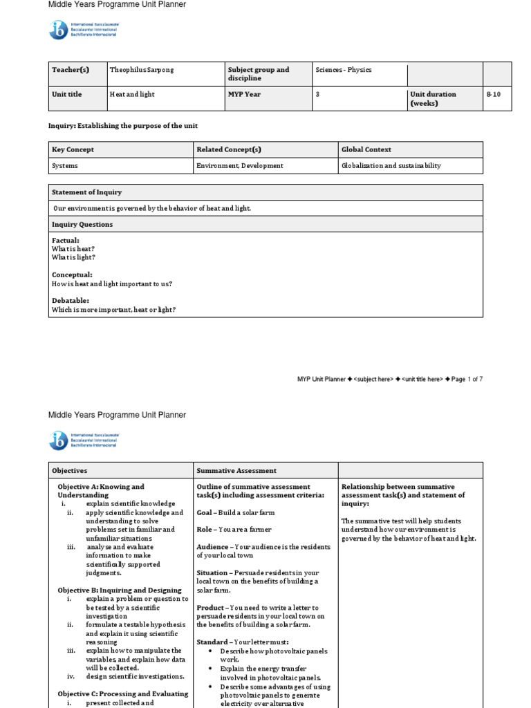 MYP 3 Physics Unit Plan - Heat and Light | PDF | Science | Inquiry