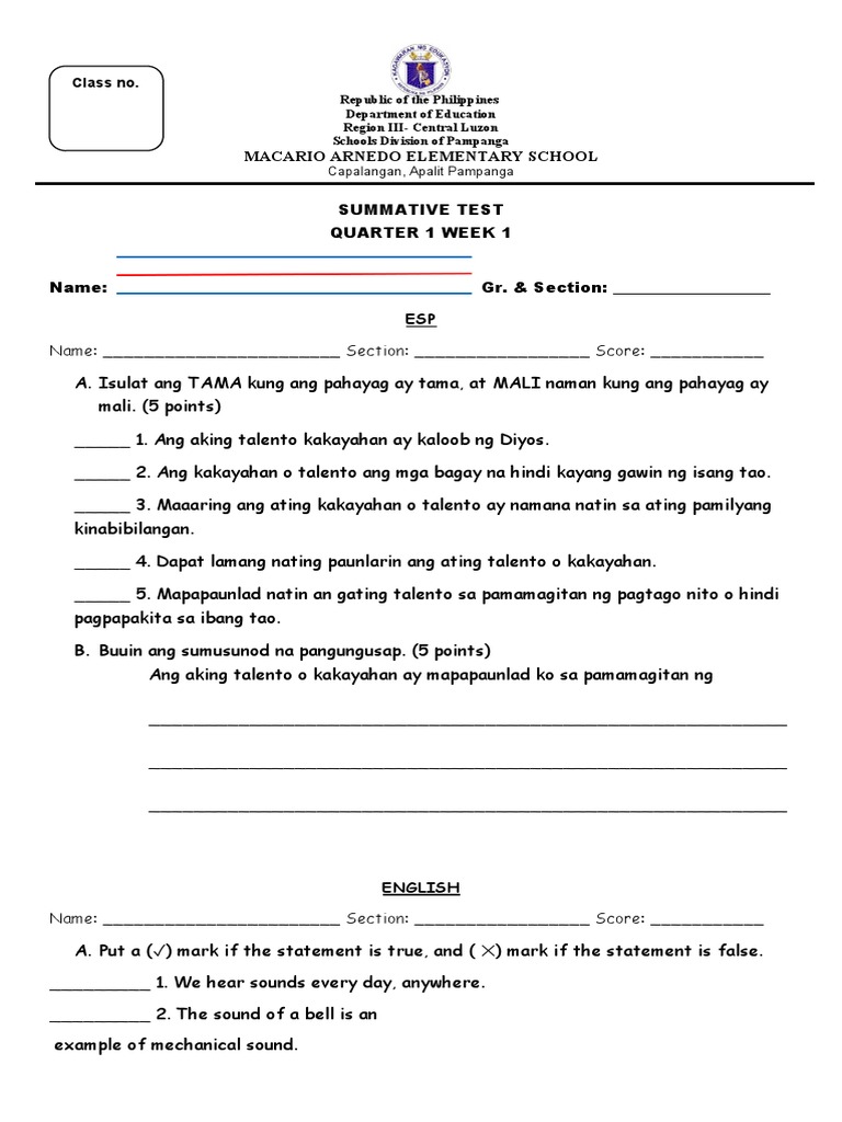 Summative Test Grade 2 Q1-W1 | PDF