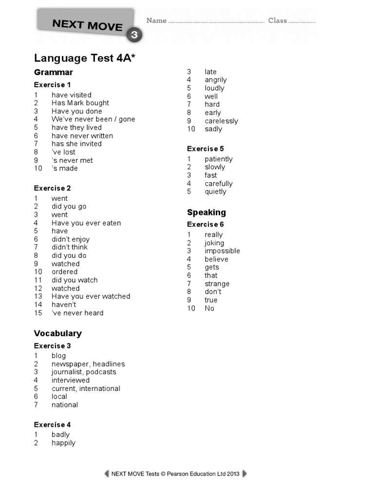 Language Test 4A : Tests Answer Key | PDF