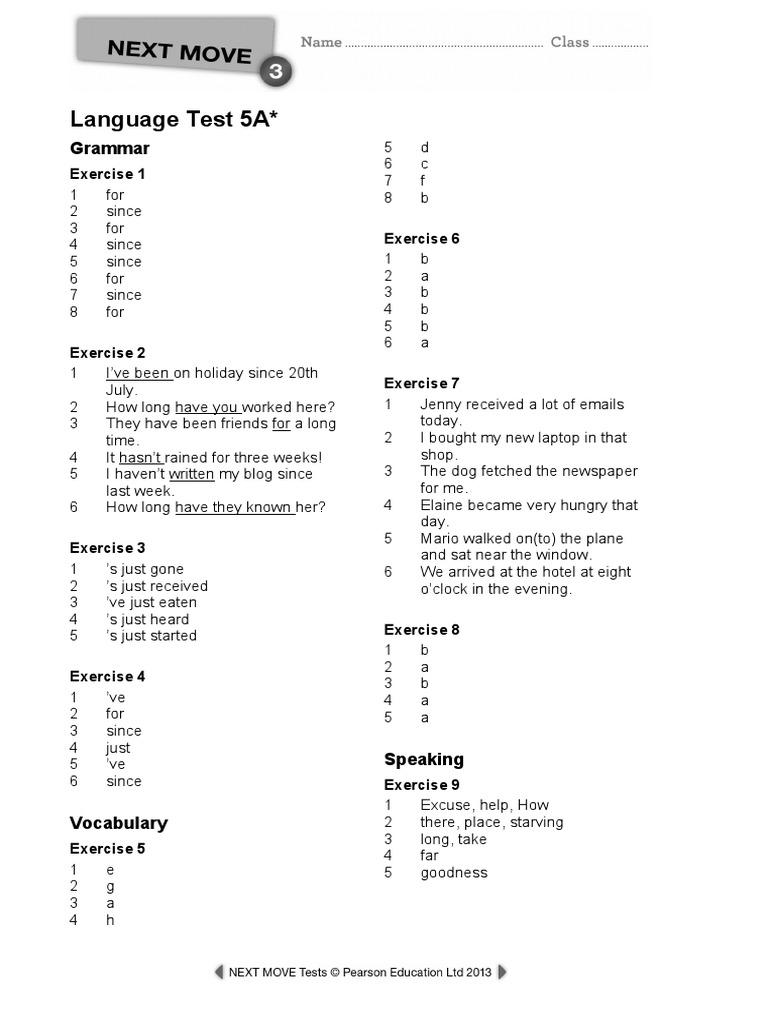 Language Test 5A : Tests Answer Key | PDF