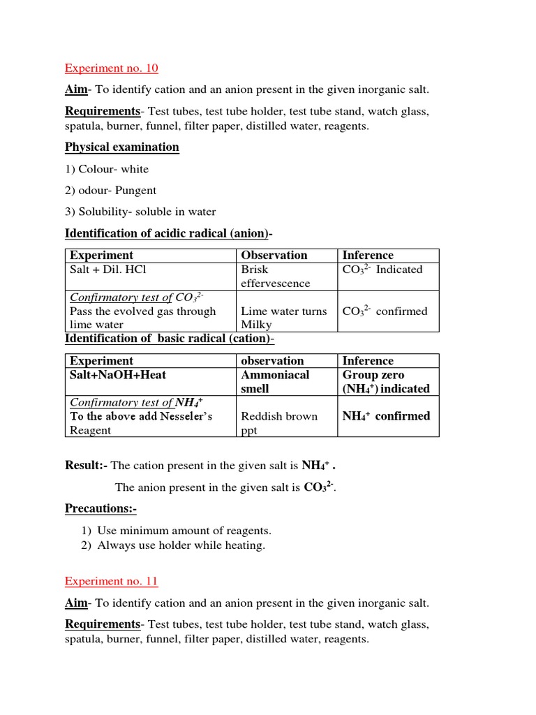 Experiment No. 10: Confirmatory Test of CO | PDF | Salt (Chemistry ...