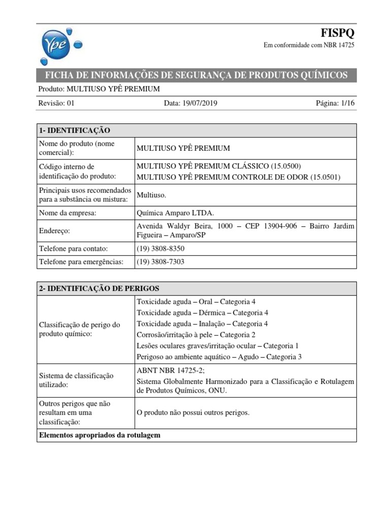 FISPQ - YPÊ Multiuso 2 em 1 | PDF | Embalagem e rotulagem | Química