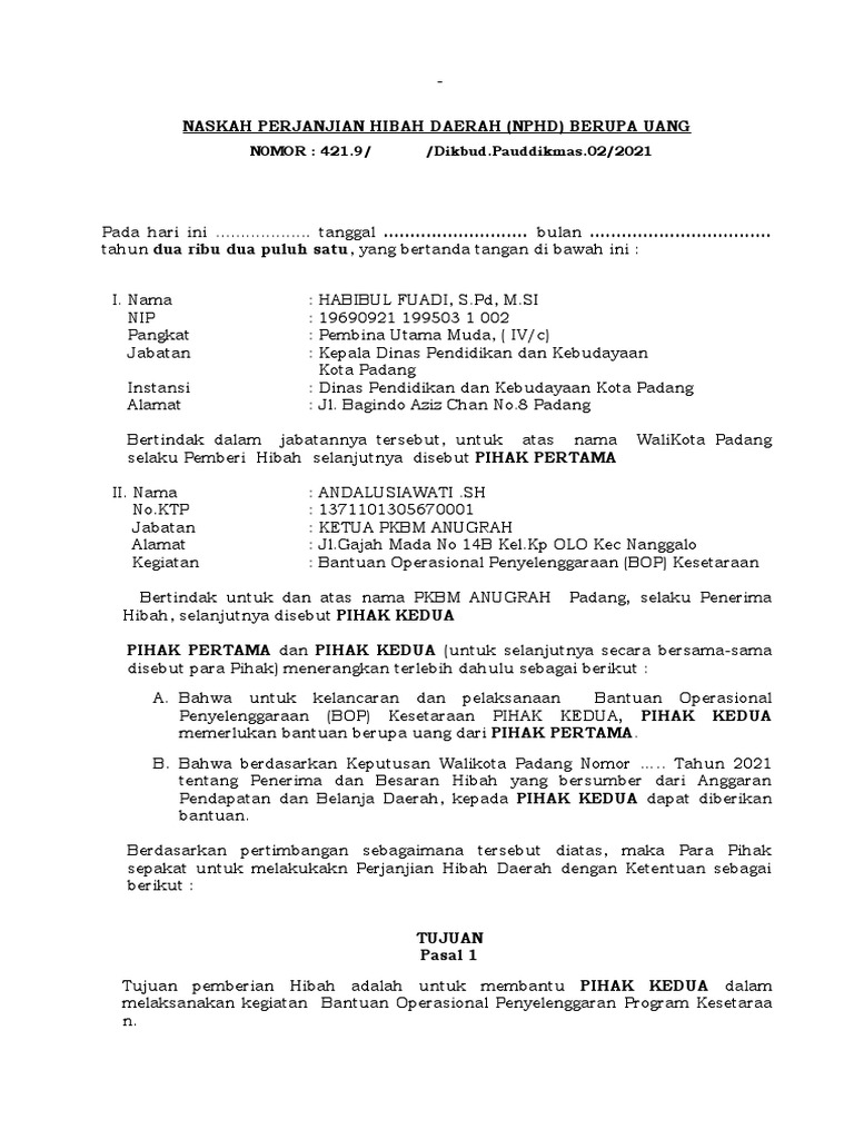 Naskah Perjanjian Hibah Daerah (NPHD) | PDF