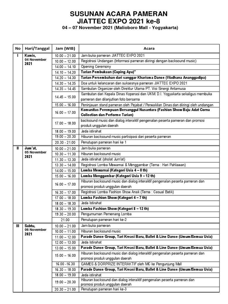 Agenda Kegiatan Pameran JIATTEC EXPO 2021 | PDF