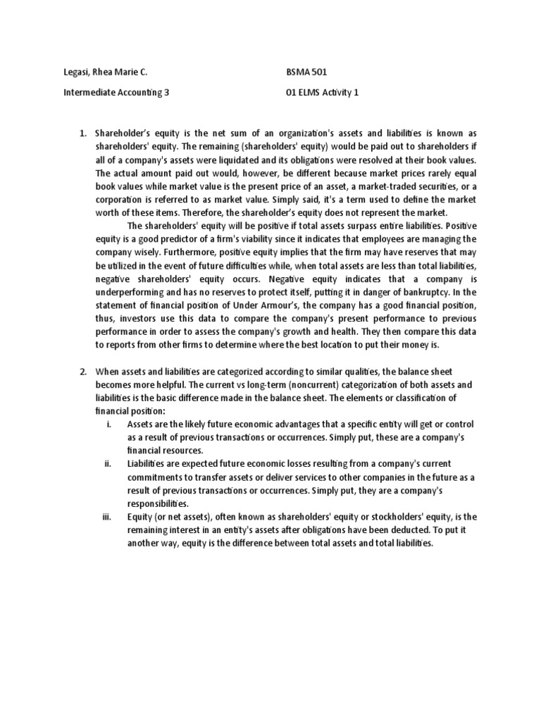 01 ELMS Activity 1 - IA3 | PDF | Equity (Finance) | Balance Sheet