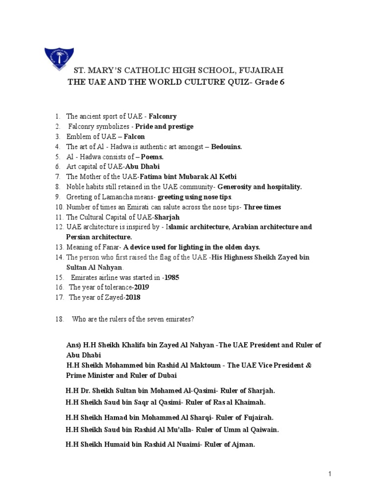 Grade 6 UAE and World Culture Quiz | PDF | United Arab Emirates | Asia