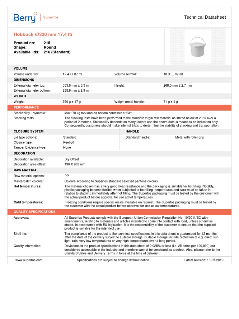 Hobbock 330 MM 17,4 LTR: Product No: 215 Shape: Round Available Lids ...