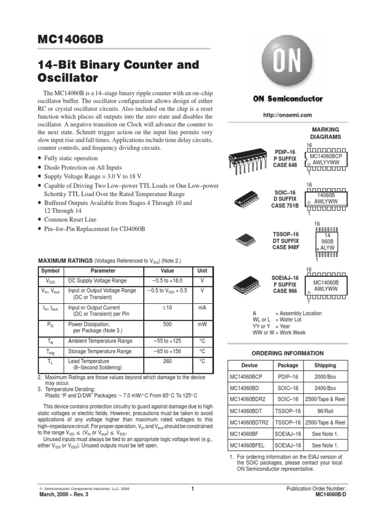 MC14060B 14-Bit Binary Counter and Oscillator: Marking Diagrams | PDF | Electronic Oscillator ...