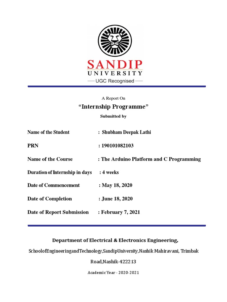 Internship Report Arduino Vth Sem Pdf Arduino Computer Engineering 