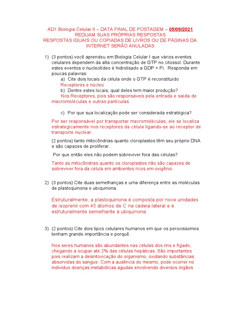 AD1 Biocel II 2021-GABARITO | PDF | Autoajuda | Bem-estar