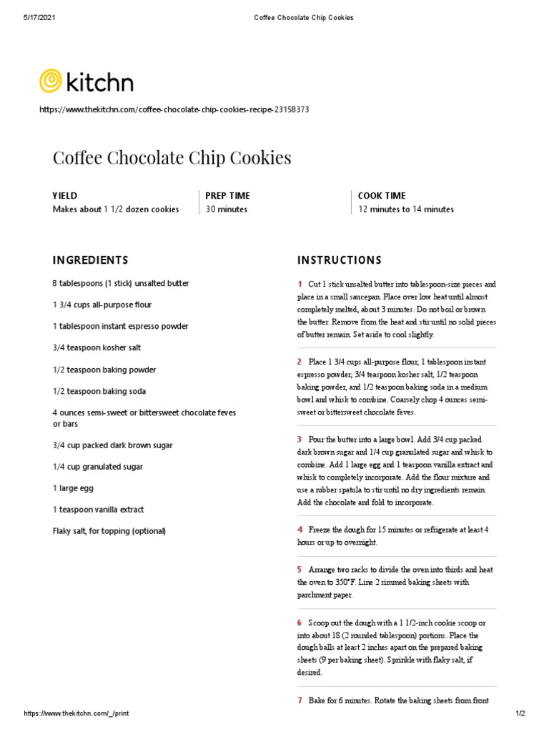 Coffee Chocolate Chip Cookie Recipe | PDF | Baking | Teaspoon