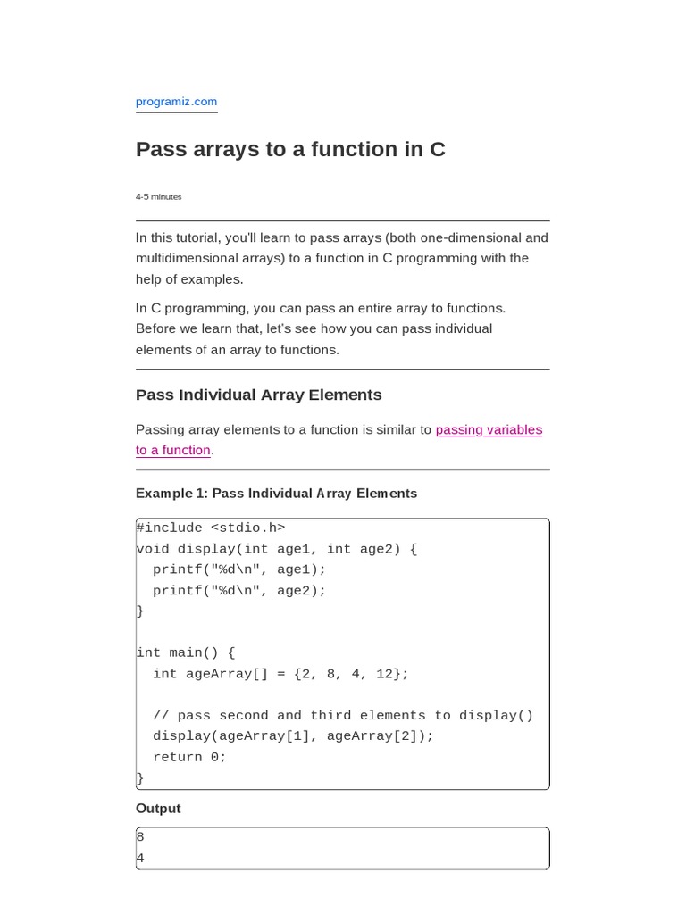 Pass Arrays To A Function In C Pdf Parameter Computer Programming Array Data Structure 6983