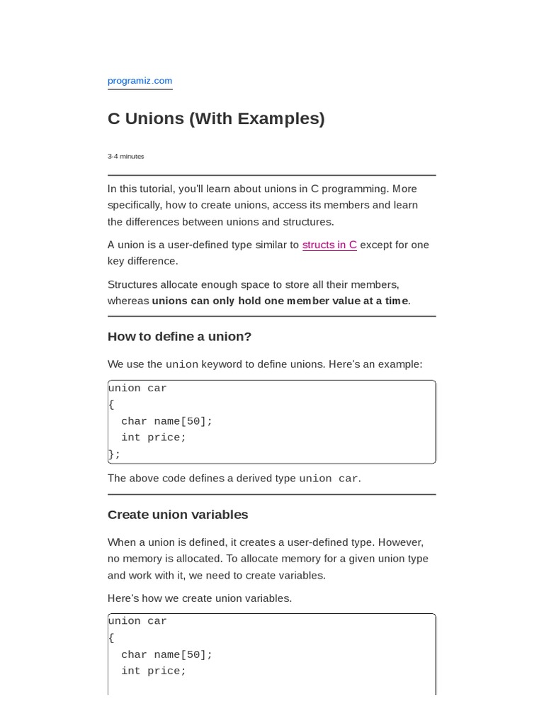 C Unions (With Examples) | PDF | Pointer (Computer Programming ...