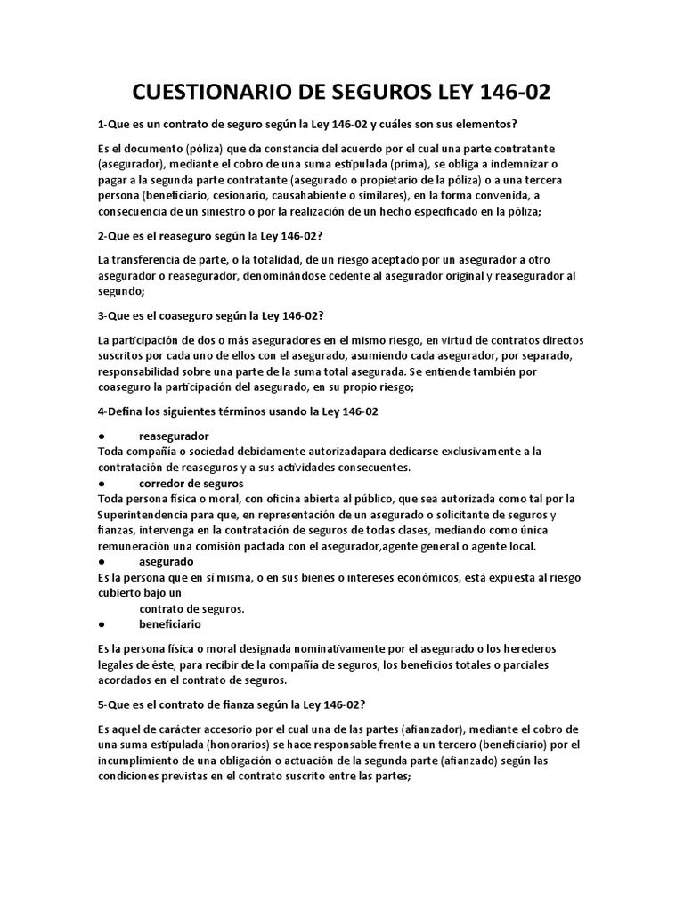 Cuestionario de Seguros Ley 146-02 | PDF | Póliza de seguros | Seguro