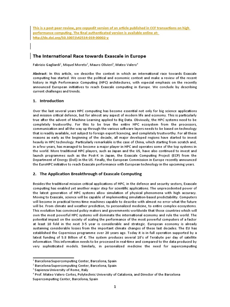 The International Race Towards Exascale in Europe | PDF | Supercomputer | Parallel Computing