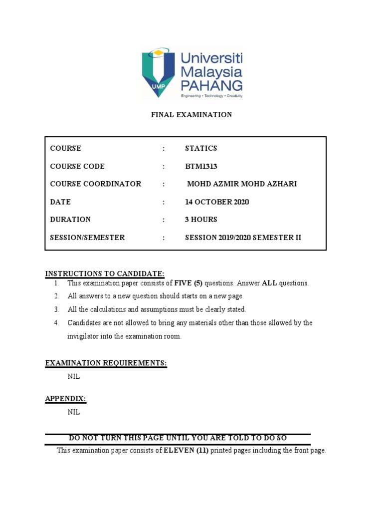 BTM1313 Statics Final Exam 2020 | PDF | Force | Beam (Structure)