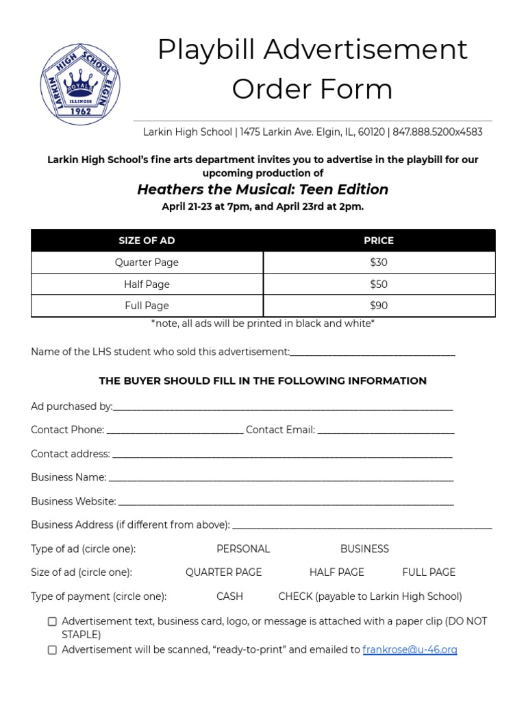 Playbill Advertisement Order Form: Heathers The Musical: Teen Edition ...