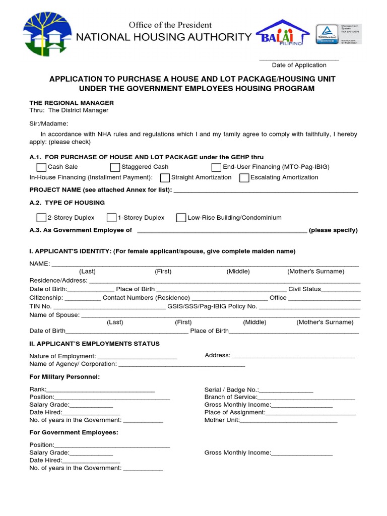 Application To Purchase A House and Lot Package/Housing Unit Under The ...