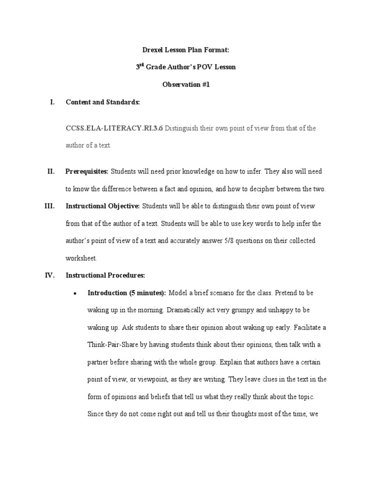 Authors Point of View Lesson Plan Observation 1 | PDF | Lesson Plan ...