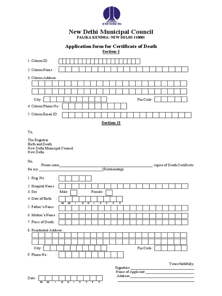 NDMC Death Certificate Application Form | PDF | Government And Personhood