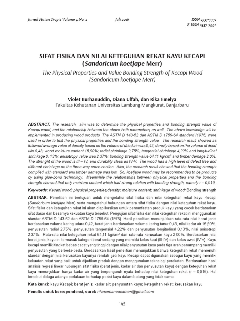 Sifat Fisika dan Keteguhan Kayu Kecapi | PDF | Lumber | Wood