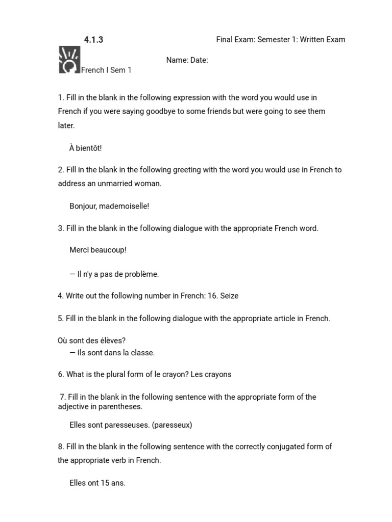 4.1.3 Final Exam - Semester 1 - Written (Exam) | PDF | French Language ...