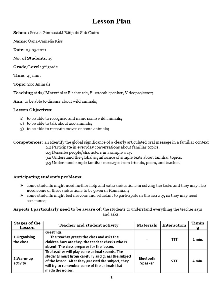 Lesson Plan - Zoo Animals | PDF | Lesson Plan | Education Theory