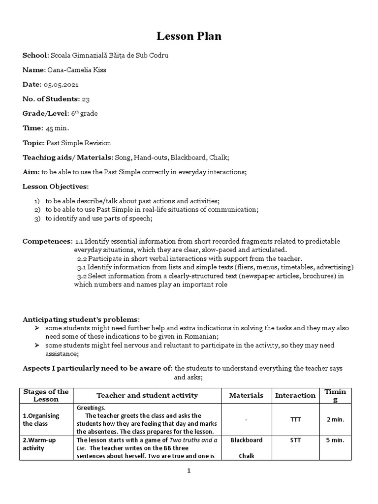Past Simple Revision Lesson Plan | PDF | Grammar | Cognition
