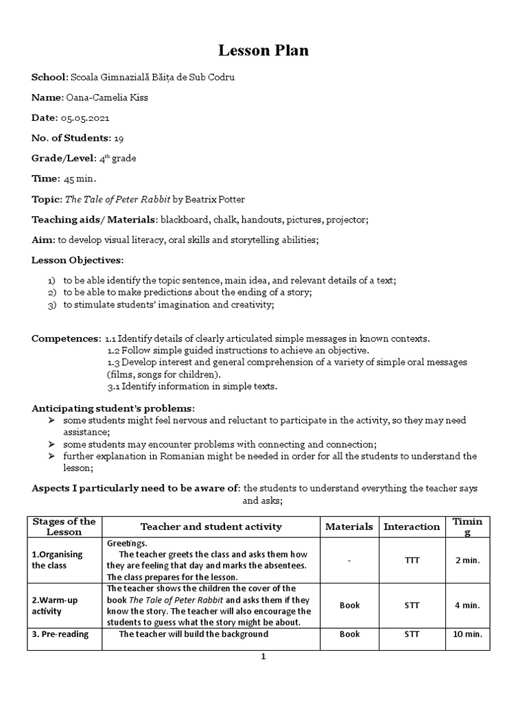 Lesson Plan on Beatrix Potter's "The Tale of Peter Rabbit | PDF | The ...