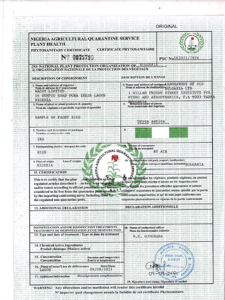 Phytosanitary For Paddy Rice | PDF