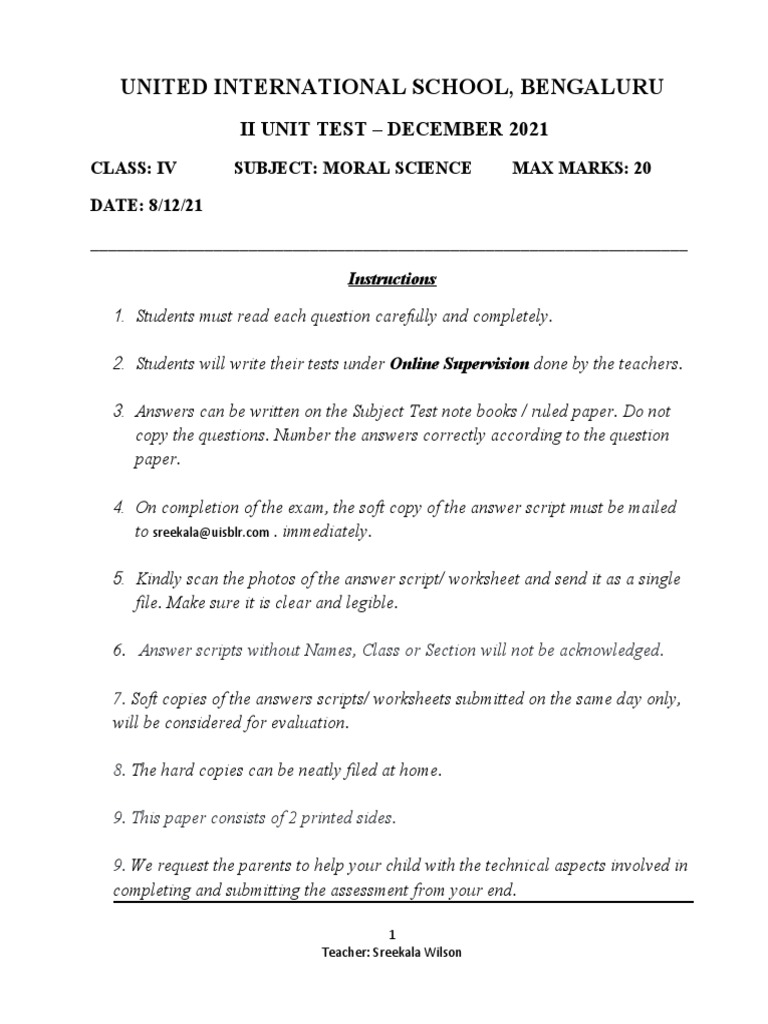 Class IV Moral Science II UT WK 1638946573 | PDF | Learning | Cognition