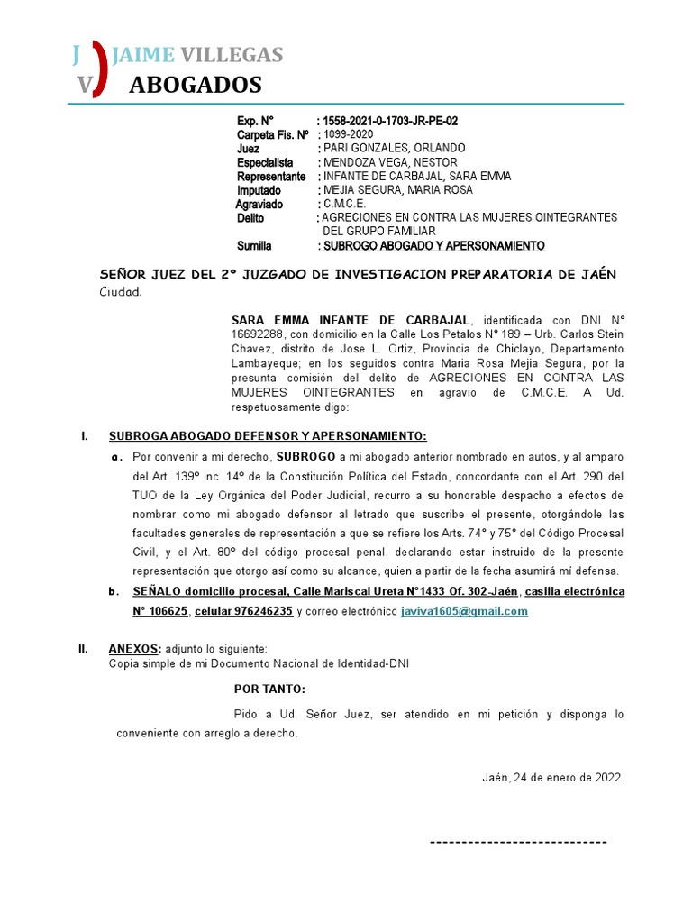 Escrito Subrogo Abogado | PDF | Derecho penal | Separación de poderes