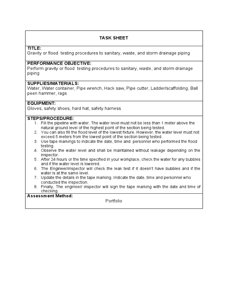 TASK SHEET - Gravity or Flood Testing Procedures To Sanitary, Waste ...
