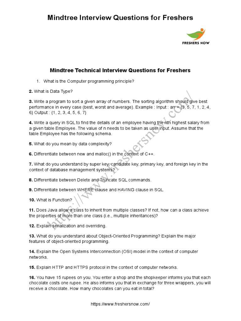 Mindtree Technical Interview Questions For Freshers | PDF | Class ...