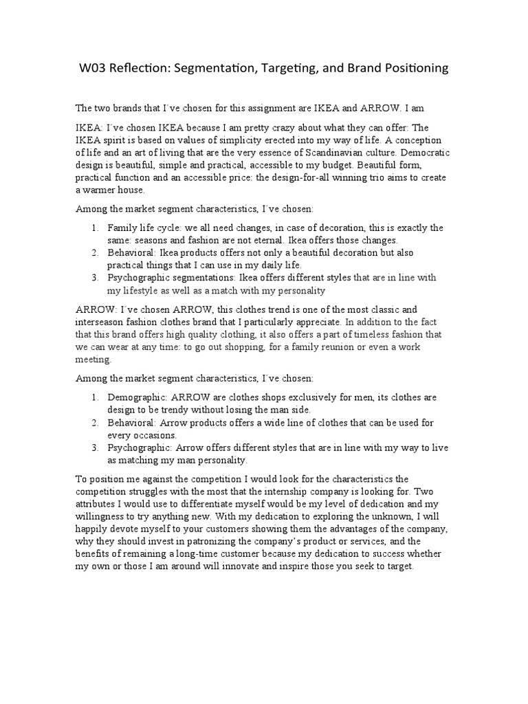 W03 Reflection: Segmentation, Targeting, and Brand Positioning | PDF | Brand | Market Segmentation