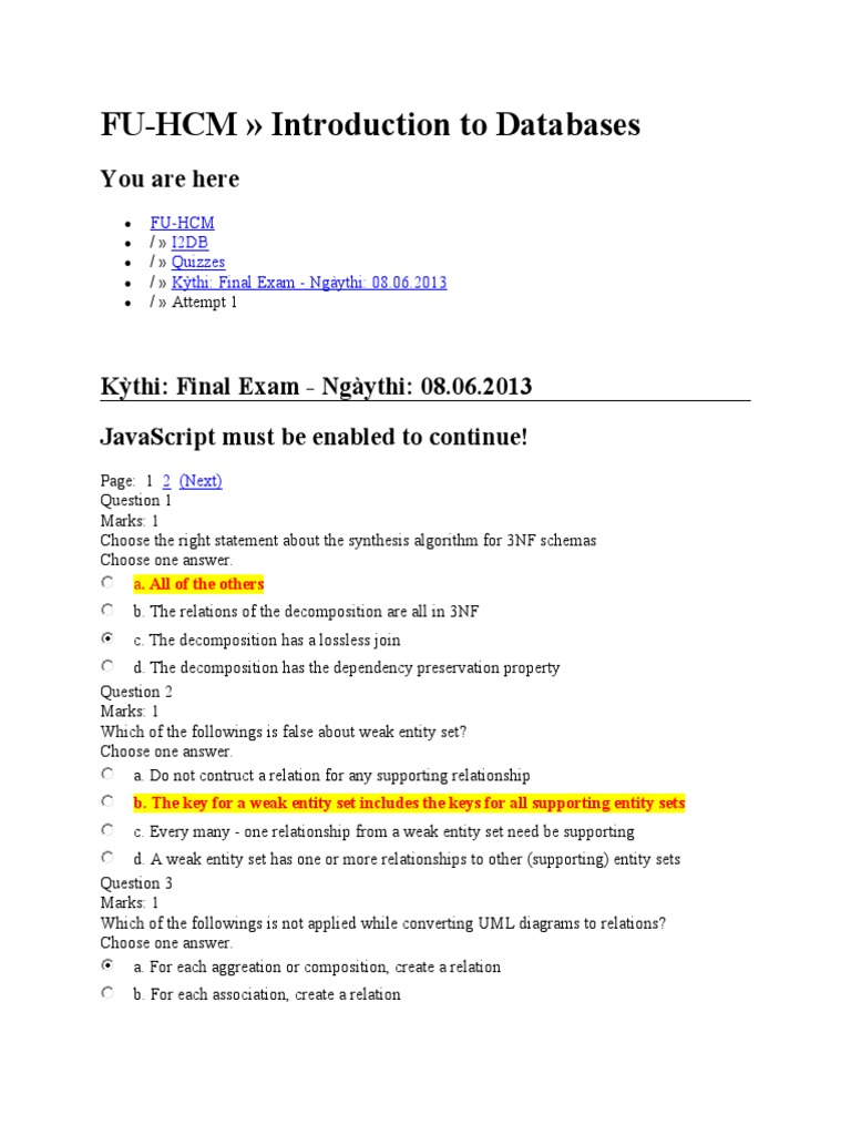 Introduction to Databases: Final Exam Review Questions | PDF | Relational Database | Databases